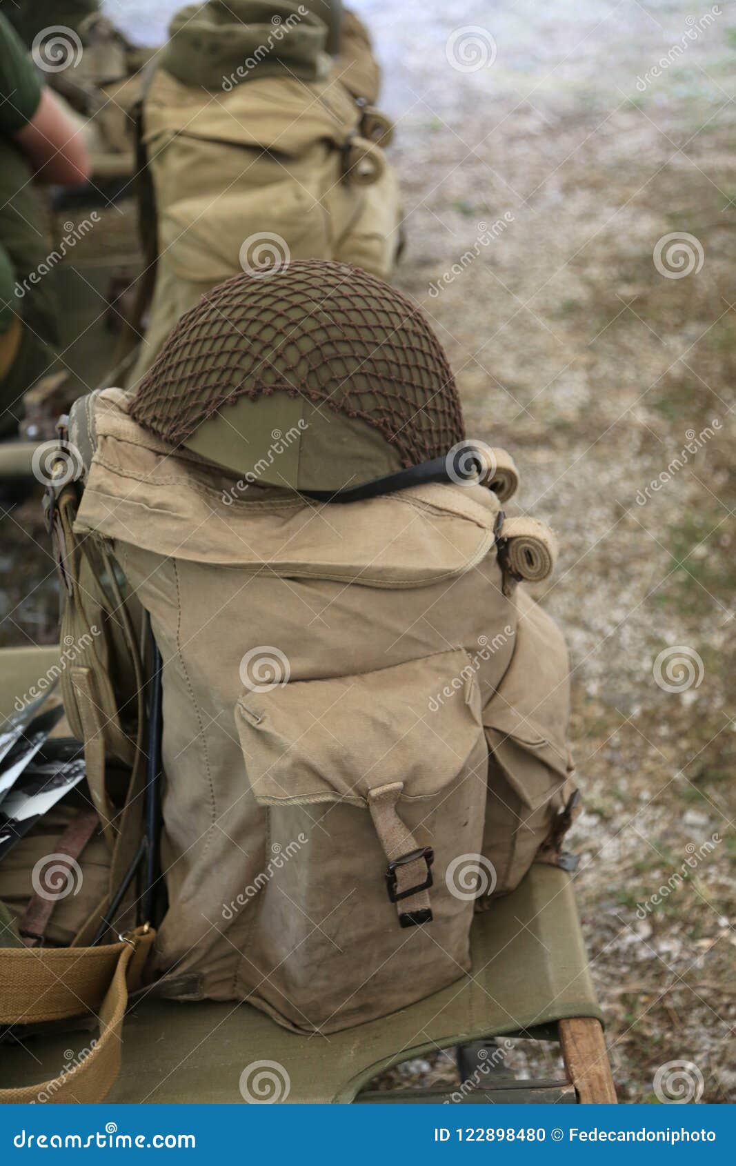 Backpack and Military Helmet of the Second World War on the Cot Stock ...