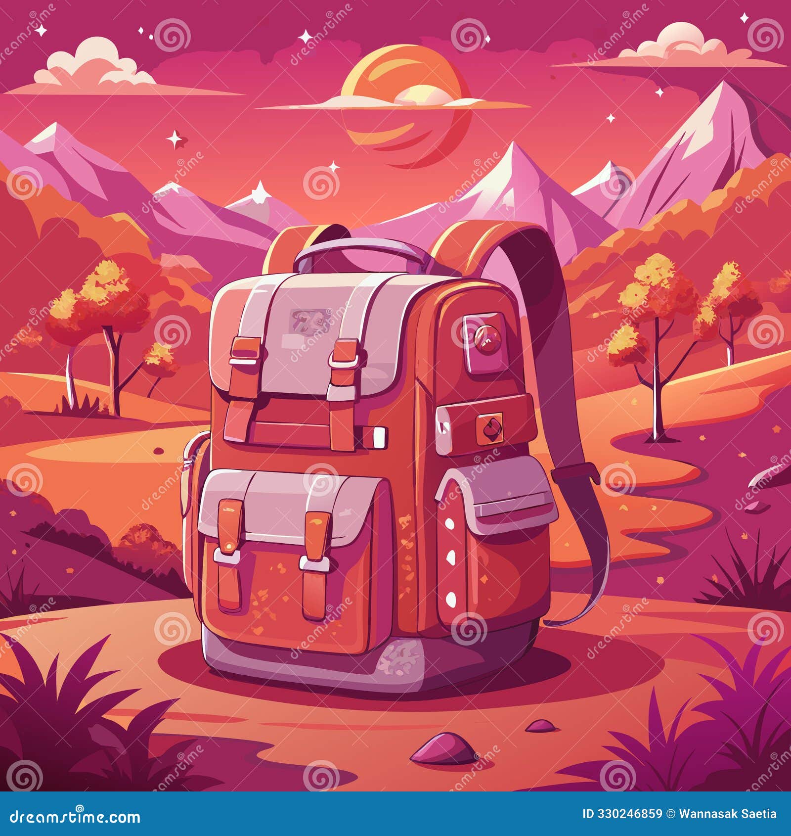 Backpack in the mountains. stock illustration. Illustration of vector ...