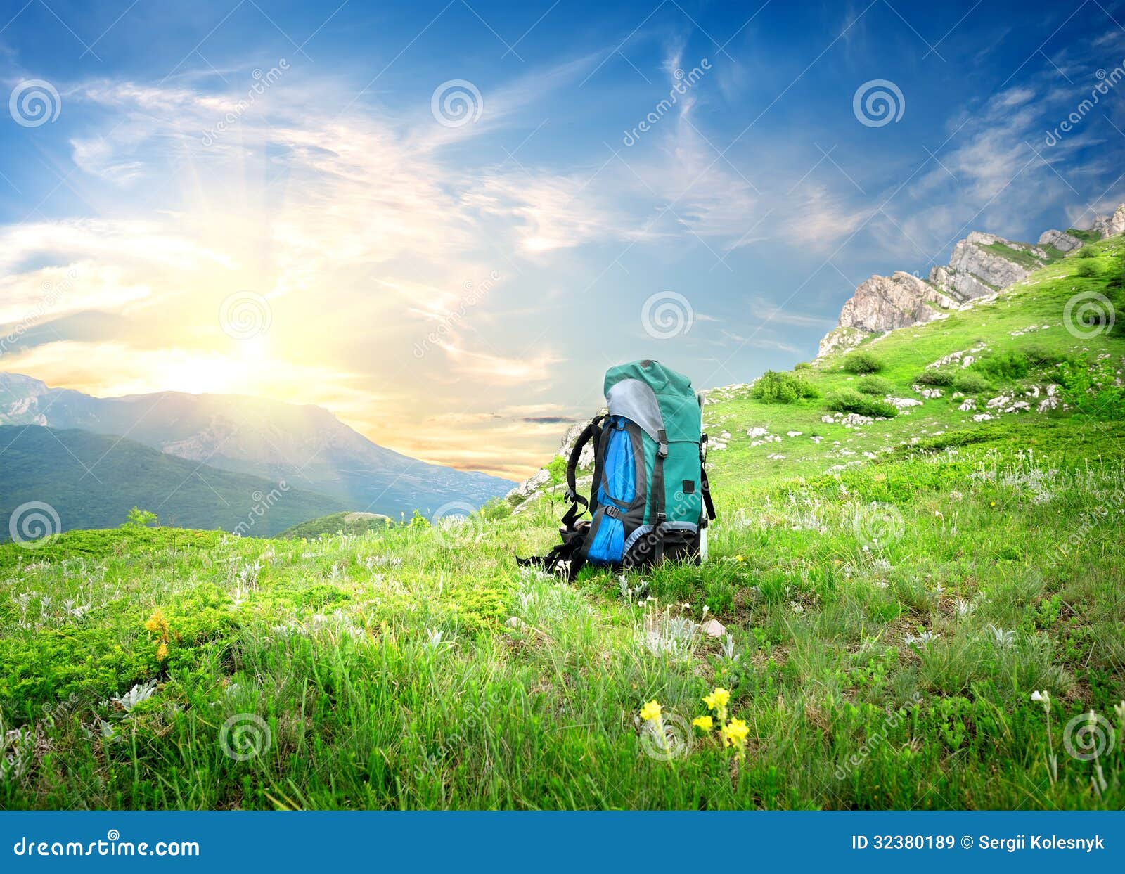 Backpack in mountains stock image. Image of hill, rock - 32380189