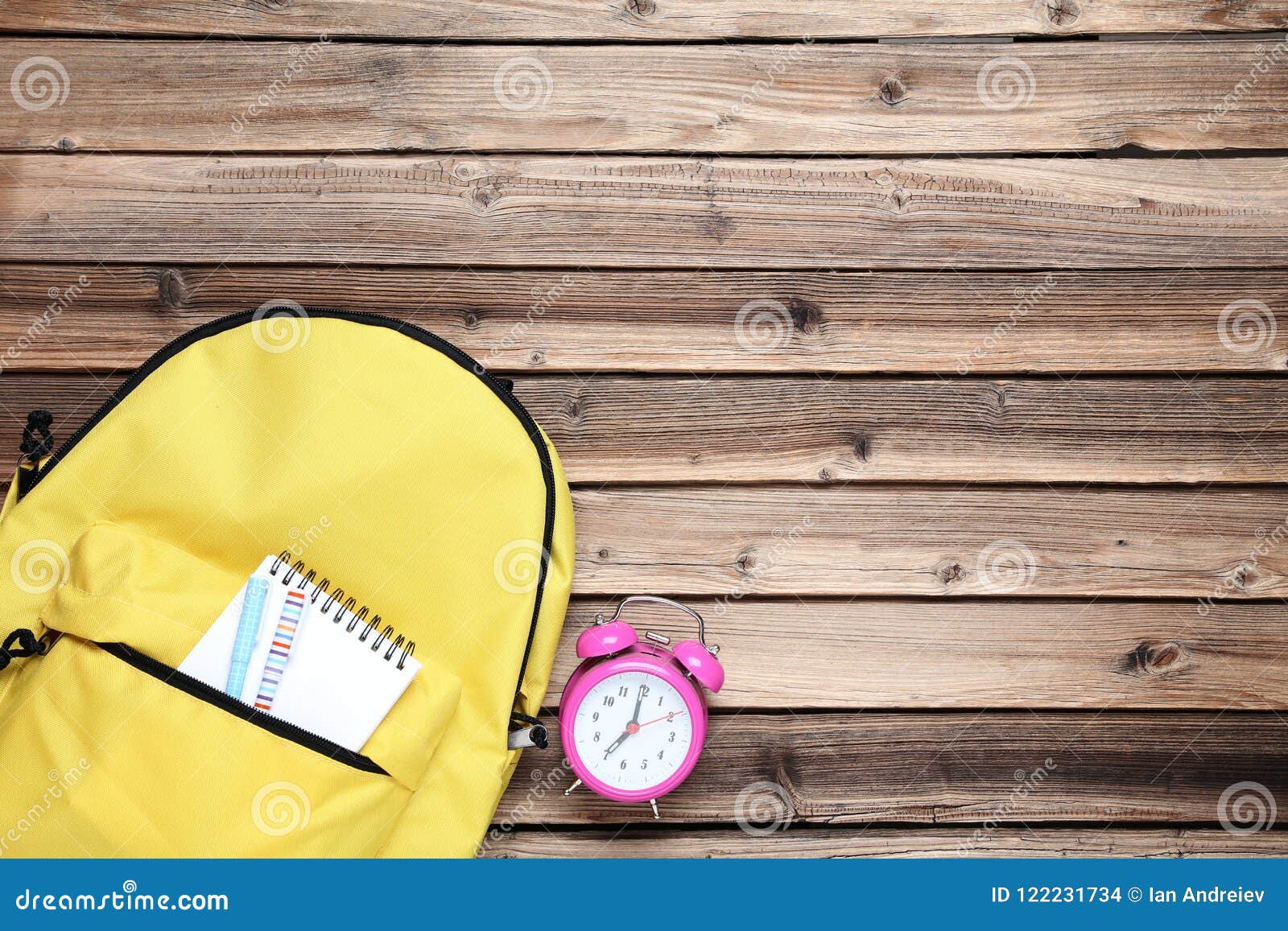 Backpack with Notebook and Clock Stock Photo - Image of luggage ...