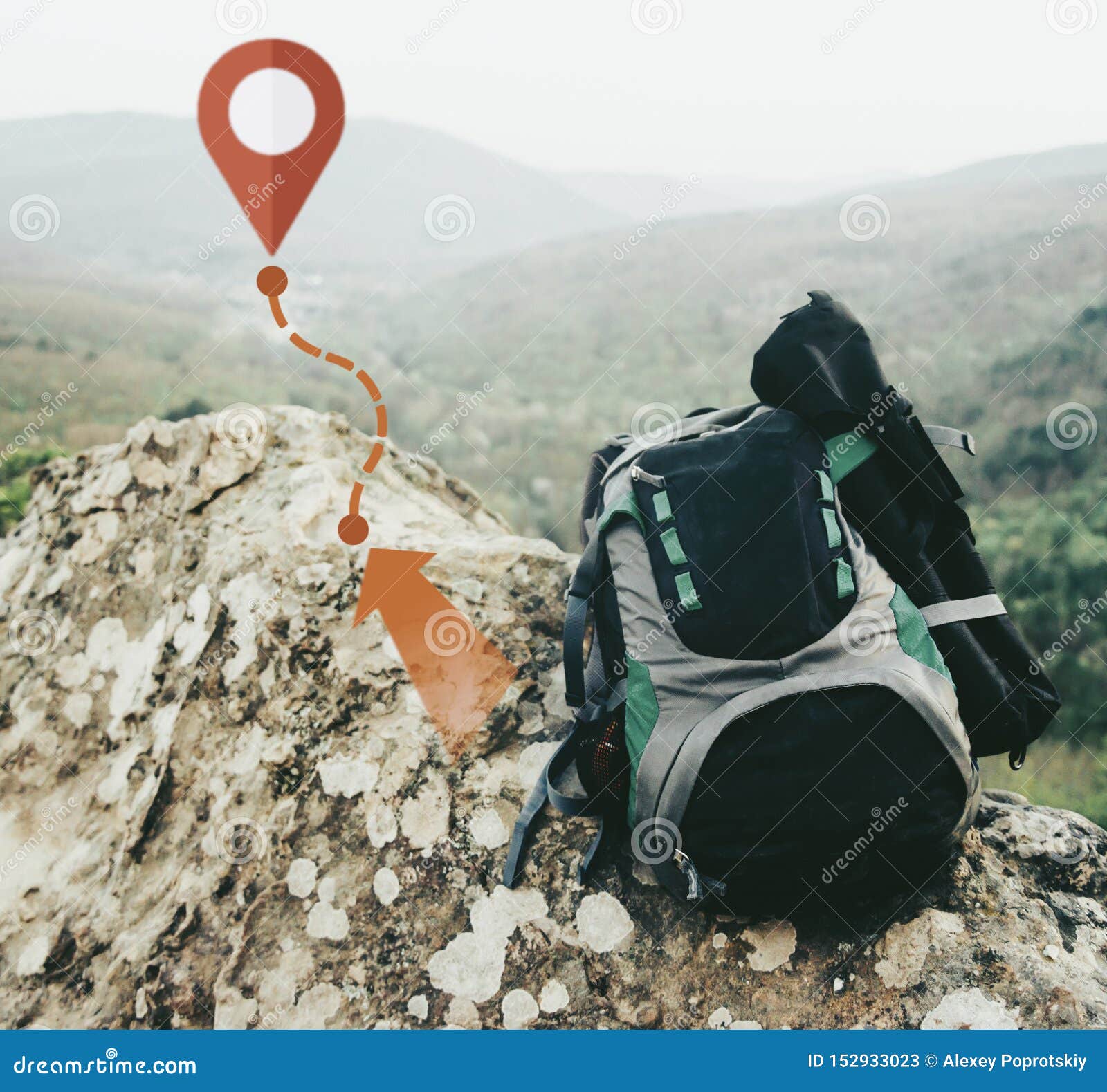 Backpack on Peak of Mountain. Stock Image - Image of connected ...