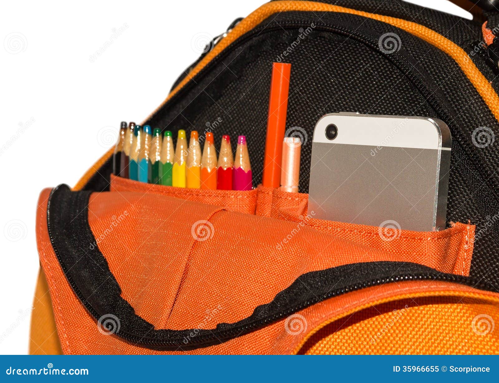 Backpack with phone stock image. Image of backpack, write - 35966655