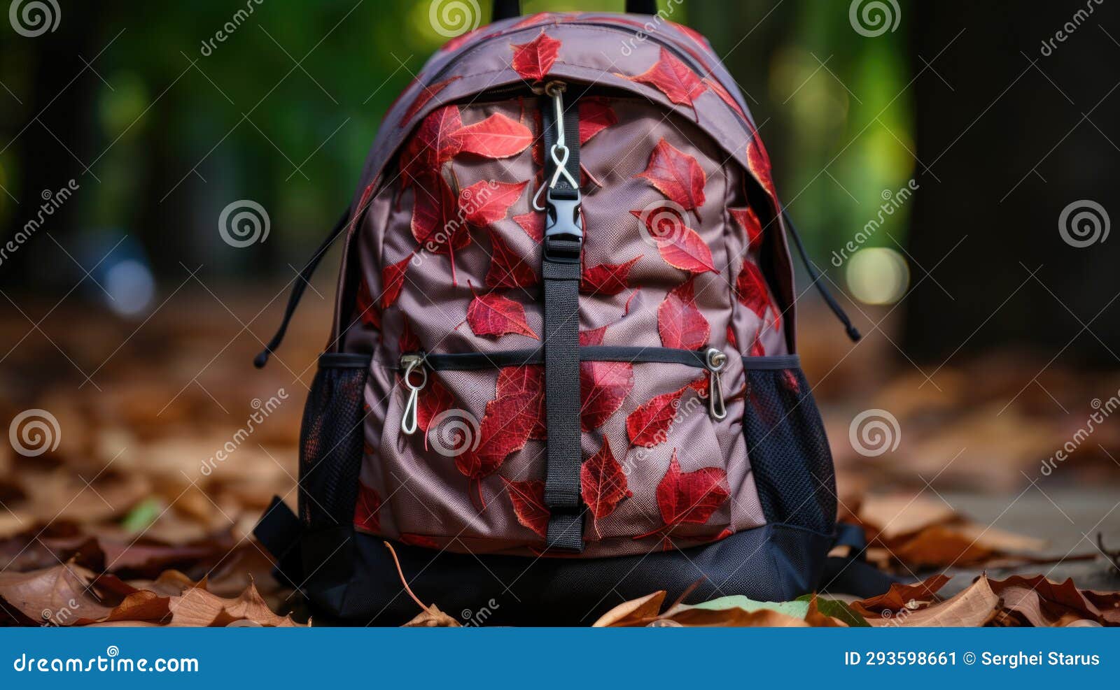A Backpack with Red Leaves on it Laying on the Ground, AI Stock Image ...