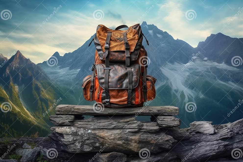 Backpack Resting on a Rock with Mountain Backdrop Stock Photo - Image ...