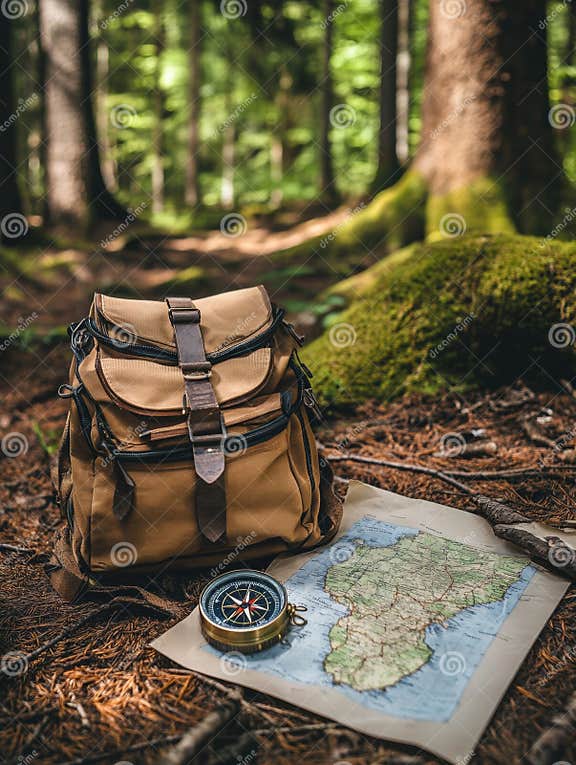 Exploring Nature with a Backpack, Compass, and Map on Forest Floor ...