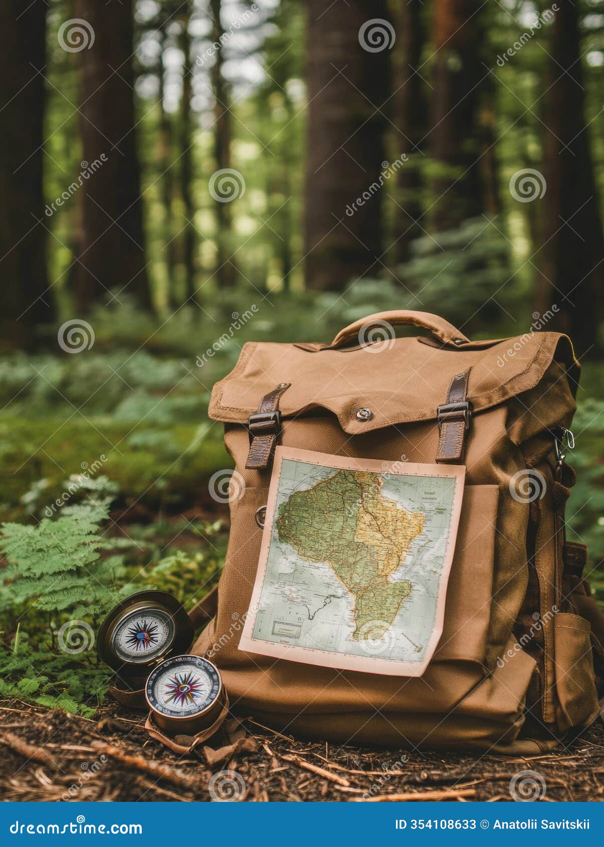 Exploring Nature with a Backpack, Compass, and Map in a Lush Forest ...