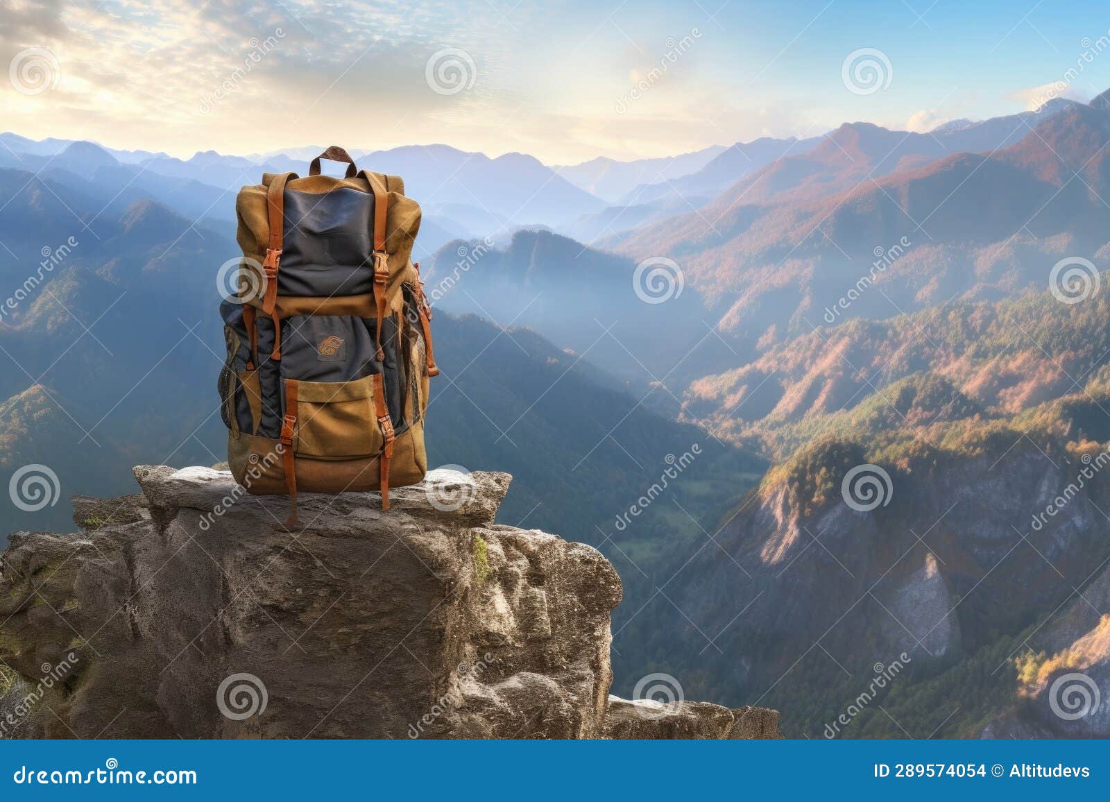 Backpack on a Rock Overlooking a Scenic Valley Stock Photo - Image of ...