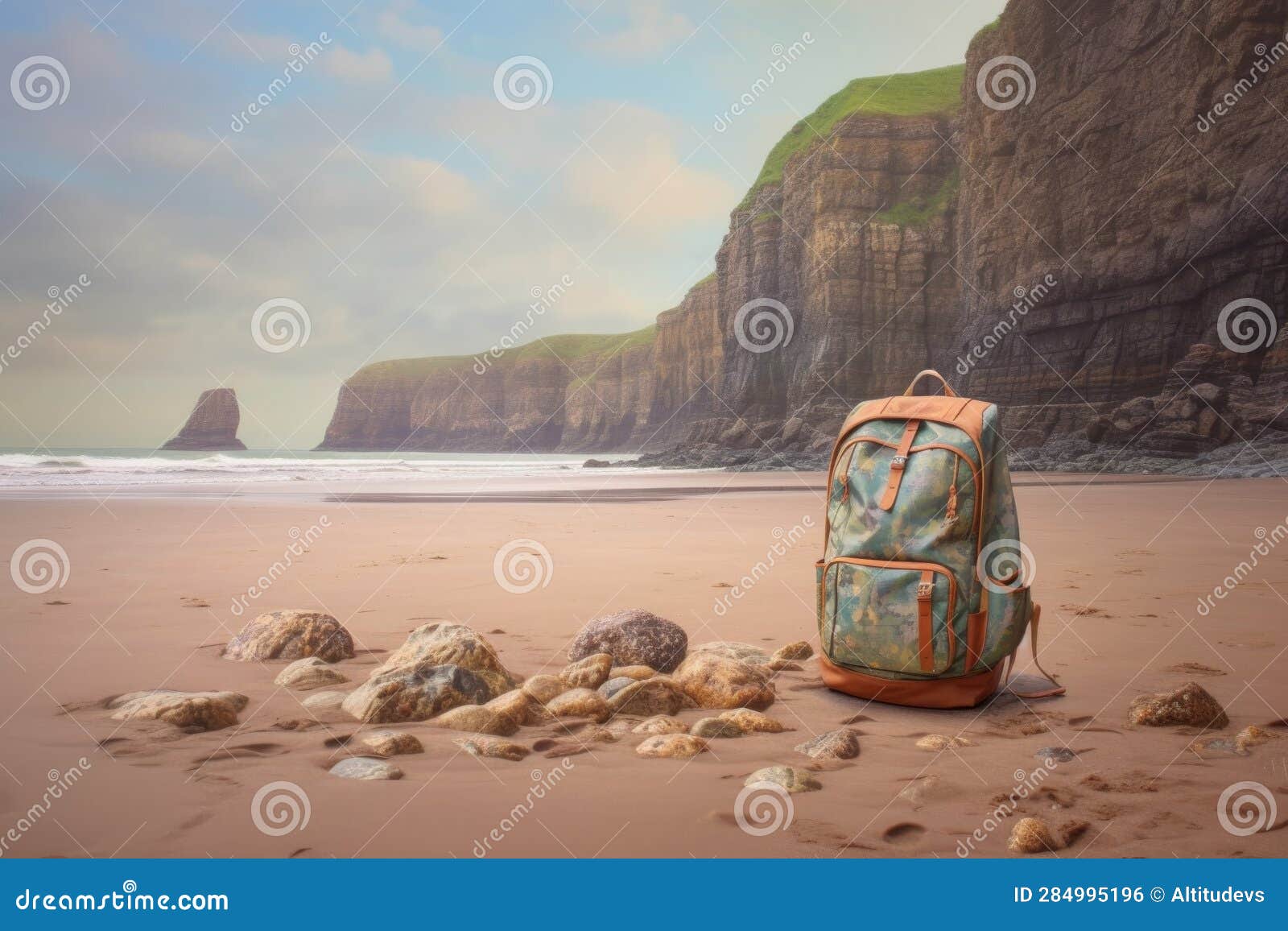 A Backpack on a Sandy Beach with Coastal Cliffs Stock Illustration ...