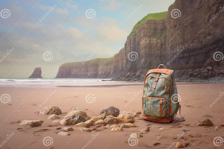 A Backpack on a Sandy Beach with Coastal Cliffs Stock Illustration ...