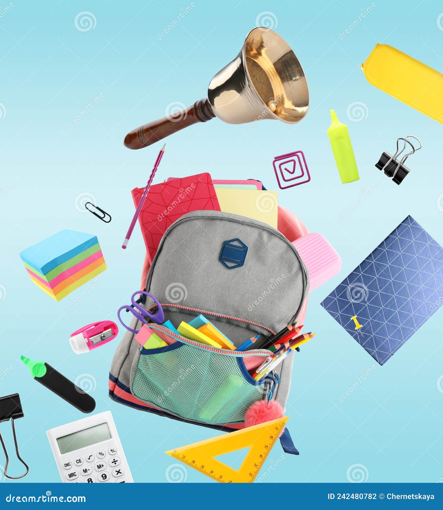 Backpack, School Bell and Different Stationery Flying on Light Blue ...