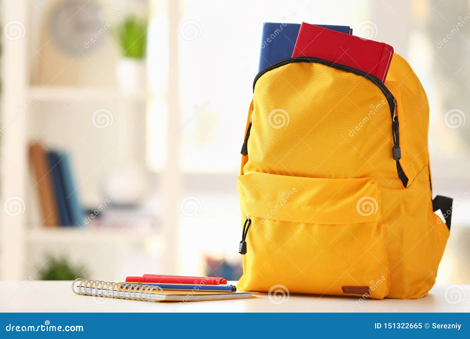 Backpack with School Supplies on White Table Stock Image - Image of ...