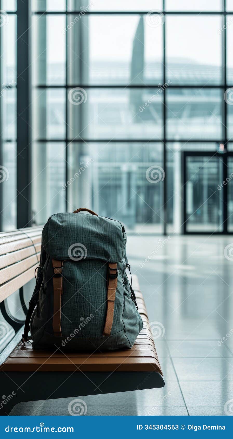 Backpack Sitting on Empty Bench in Airport Terminal Stock Image - Image ...