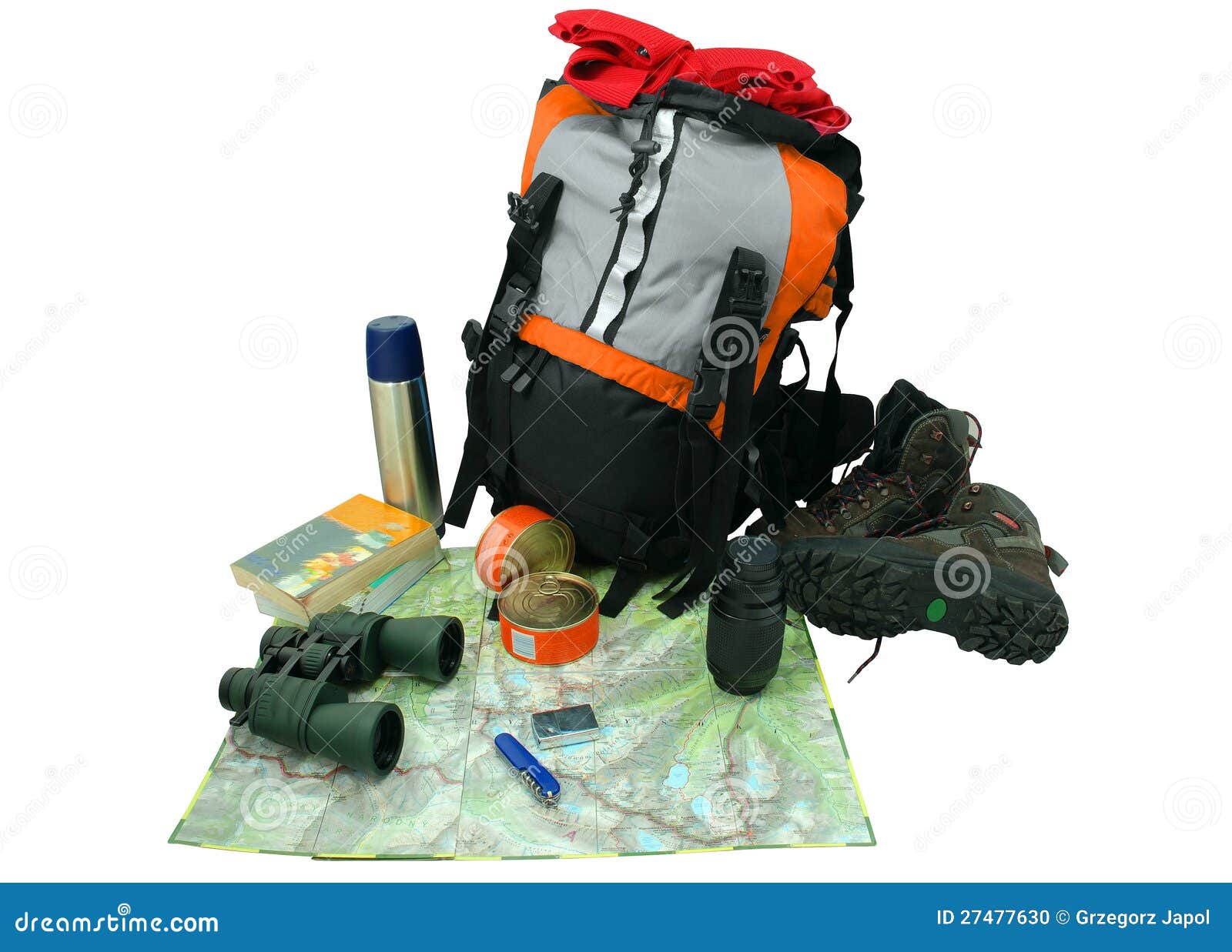 Backpack with Tourist Equipment Isolated on White Stock Photo - Image ...