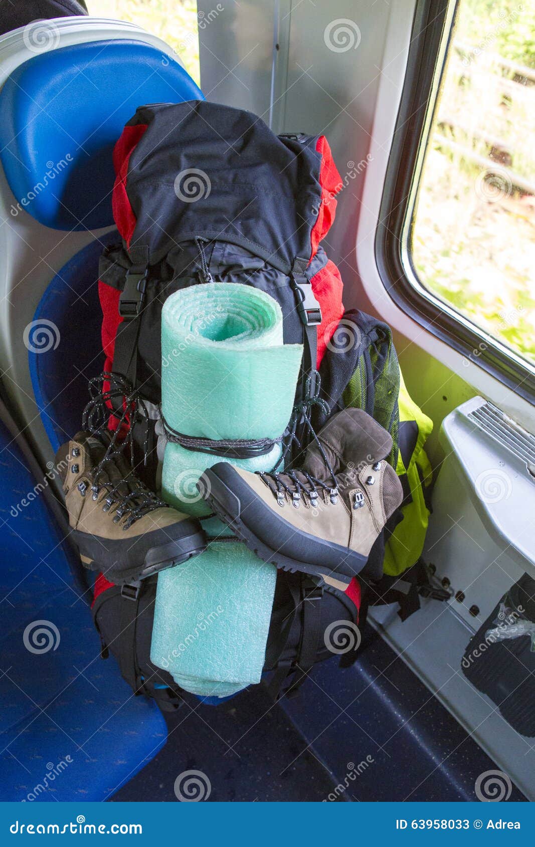 Full Equipped Hiking Backpack in a Train Cart Stock Image - Image of ...