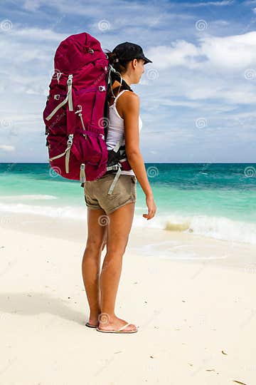 Backpacker on beach stock photo. Image of white, sandbeach - 26758284