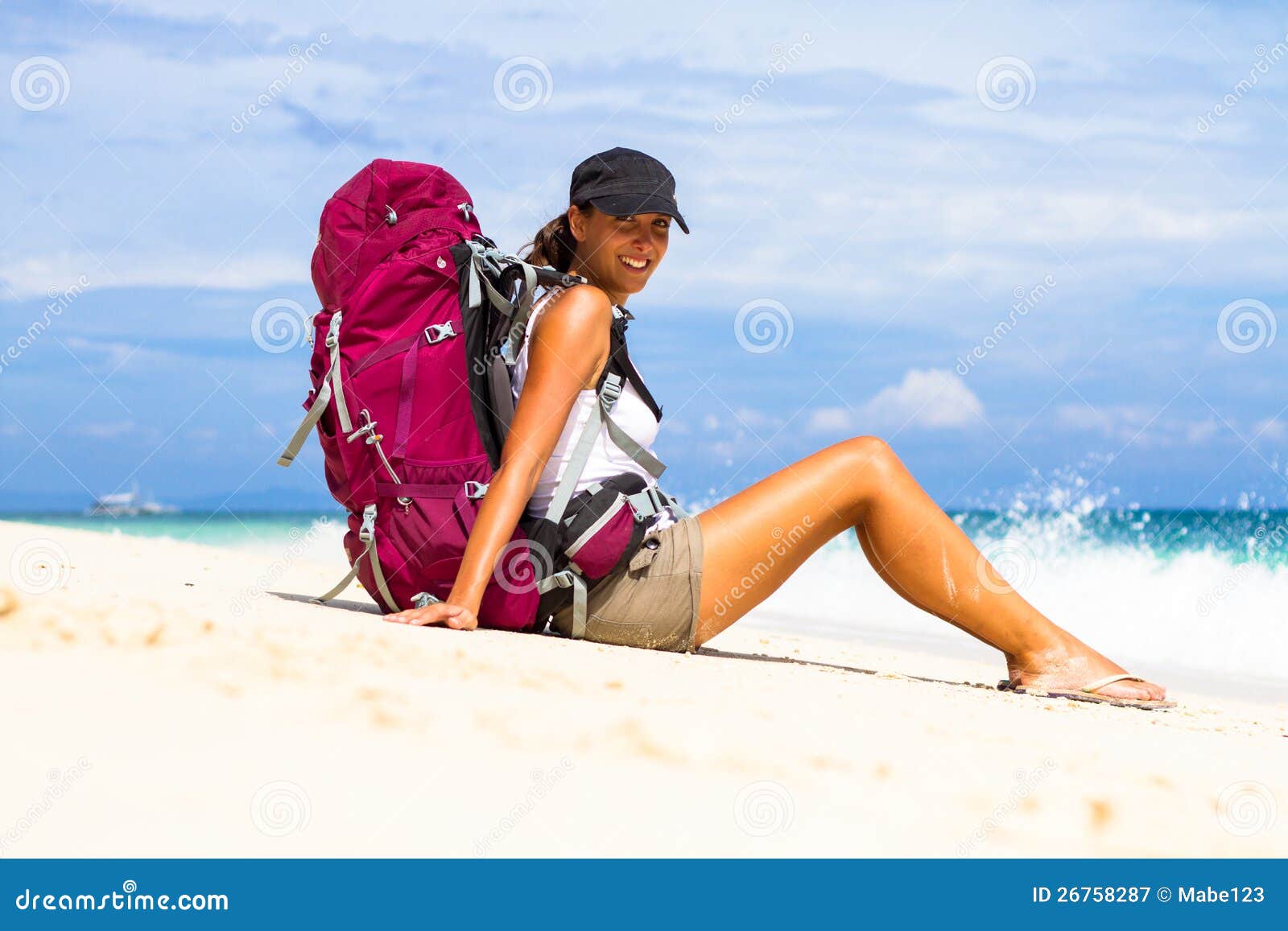 Backpacker on beach stock image. Image of white, back - 26758287