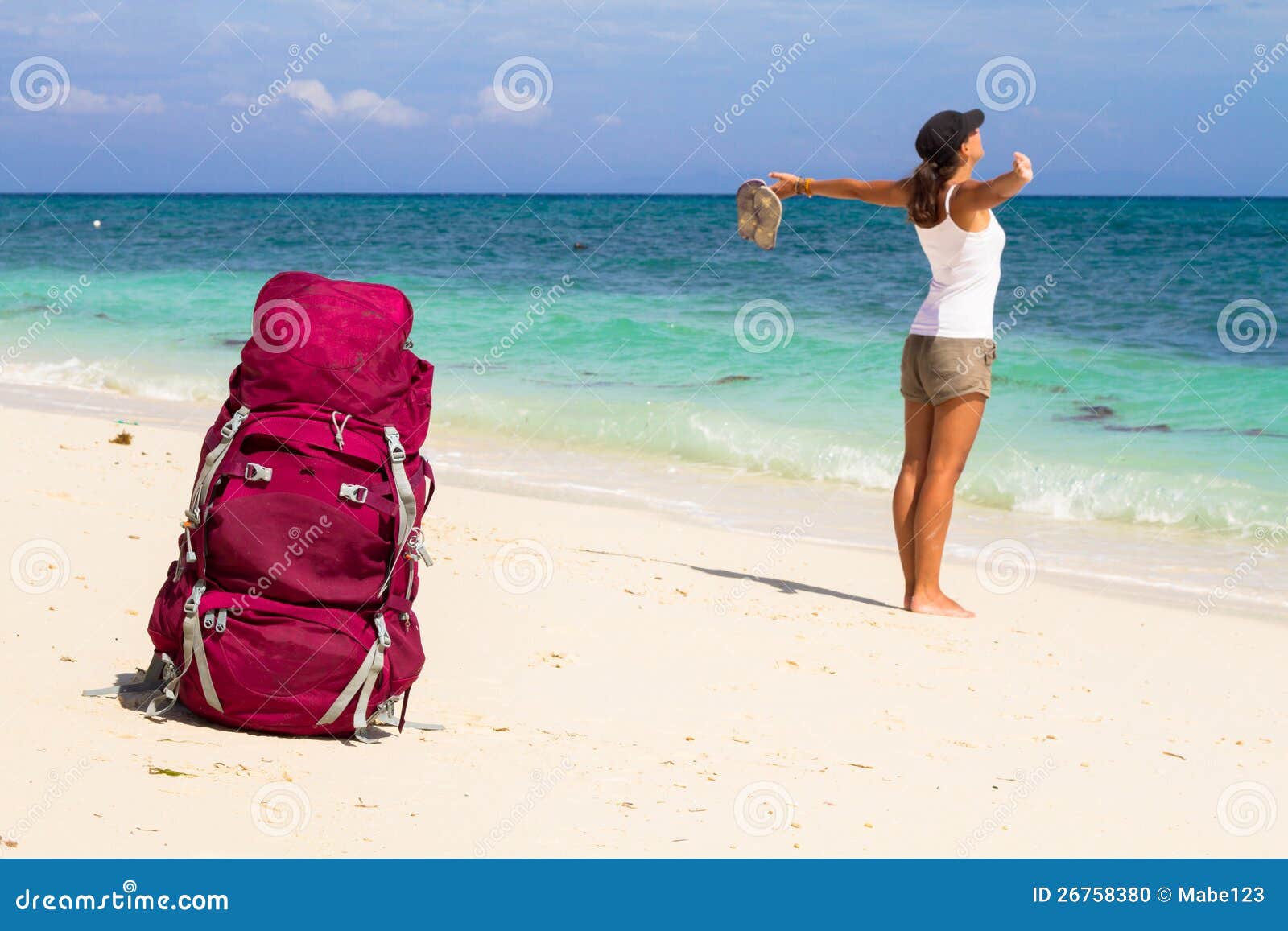 Backpacker on beach stock photo. Image of female, freedom - 26758380