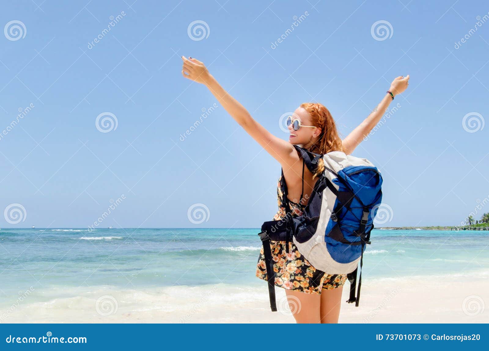 Backpacker at beach stock image. Image of seaside, redhead - 73701073