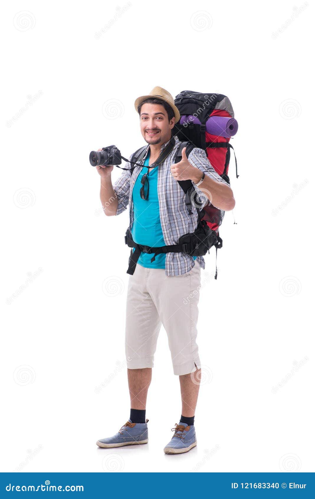 The Backpacker with Camera Isolated on White Background Stock Photo ...