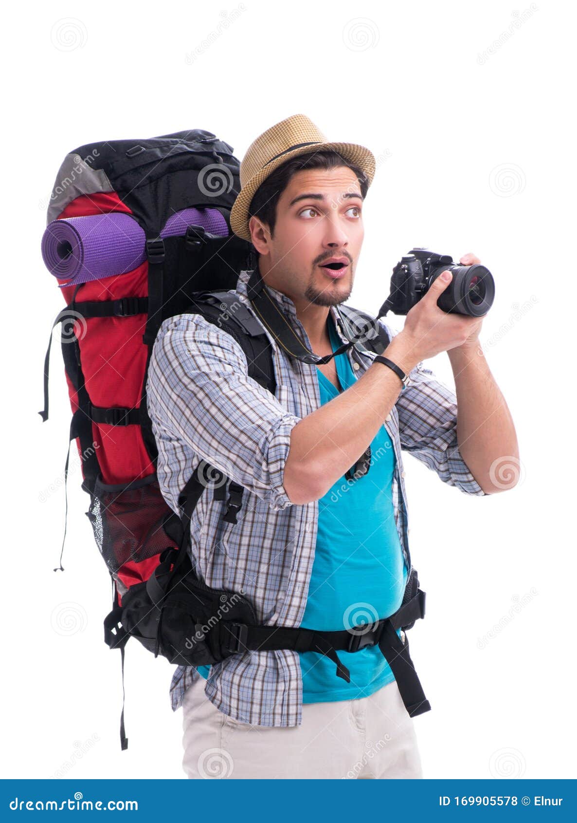 Backpacker with Camera Isolated on White Background Stock Photo - Image ...
