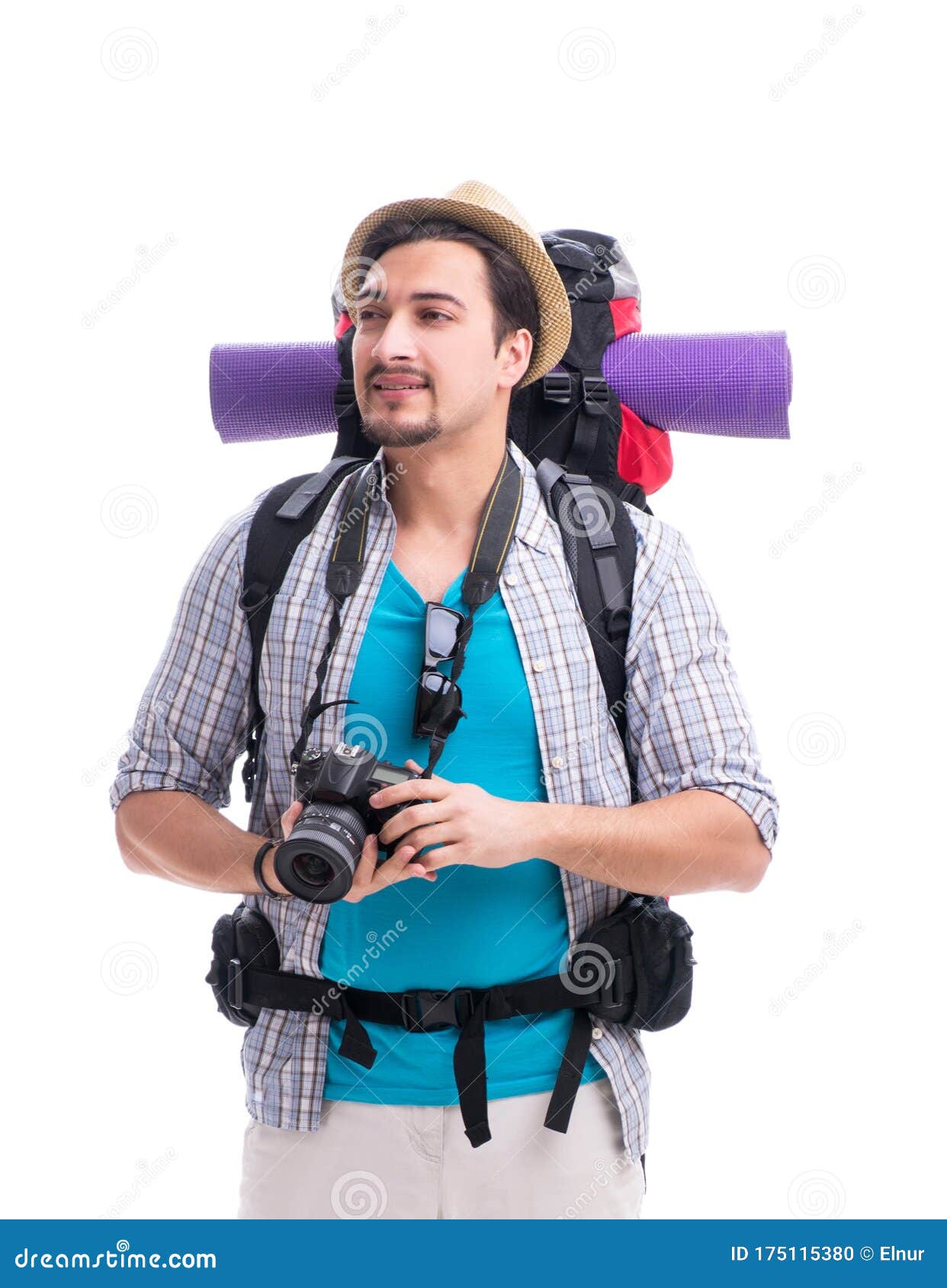 Backpacker with Camera Isolated on White Background Stock Photo - Image ...