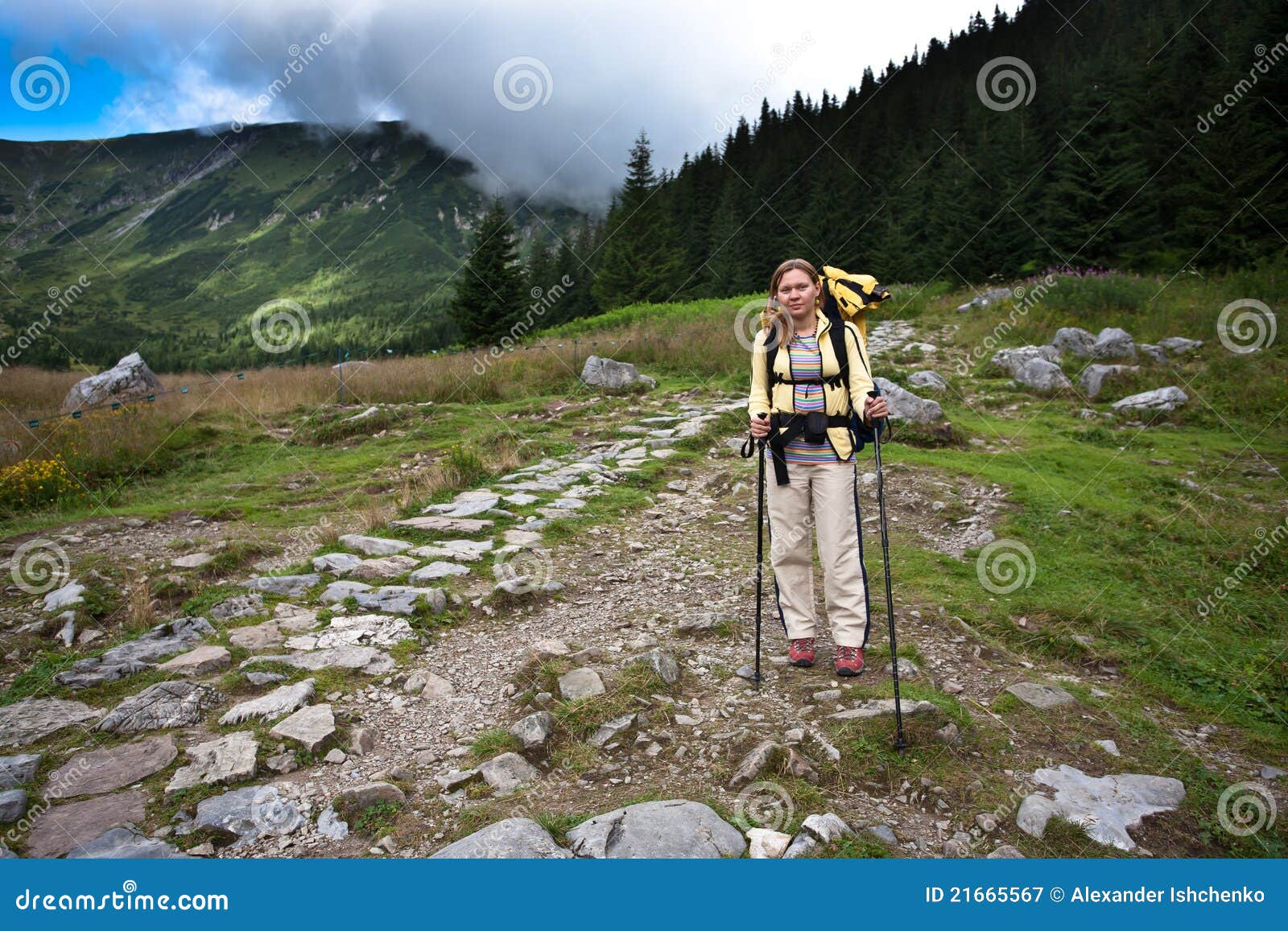 Backpacker Girl Exploring the Mountains. Stock Image - Image of hike ...