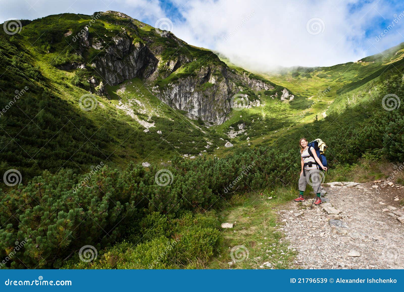 Backpacker Girl Exploring the Mountains. Stock Image - Image of ...