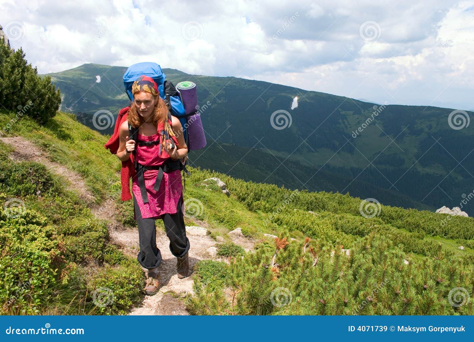 Backpacker Girl in Red Dress Stock Image - Image of explorer ...