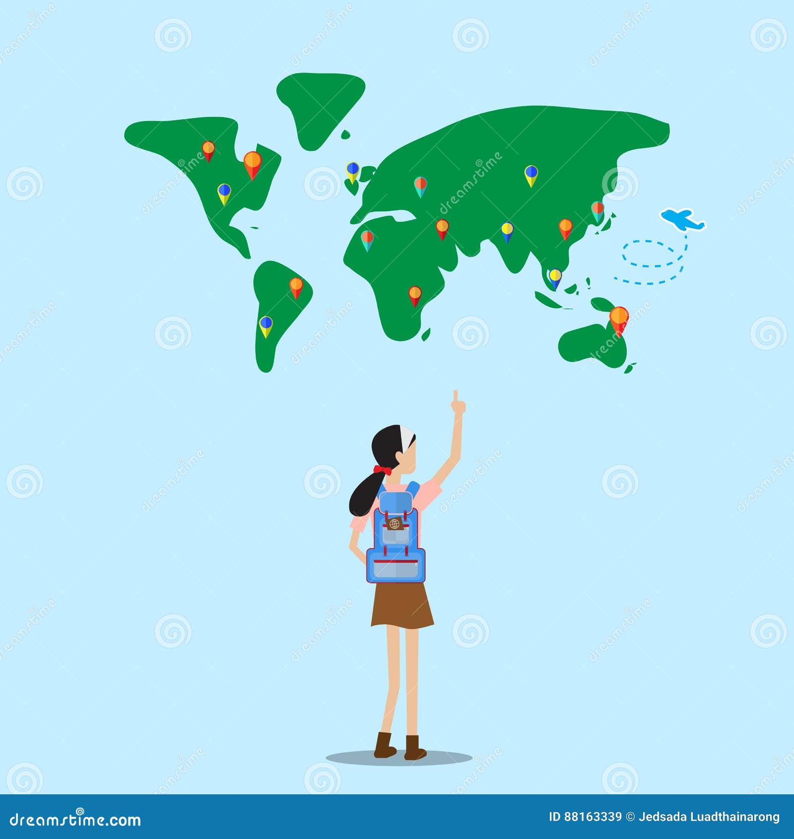 Backpacker Girl Stand In Front Of World Map Cartoon Vector ...