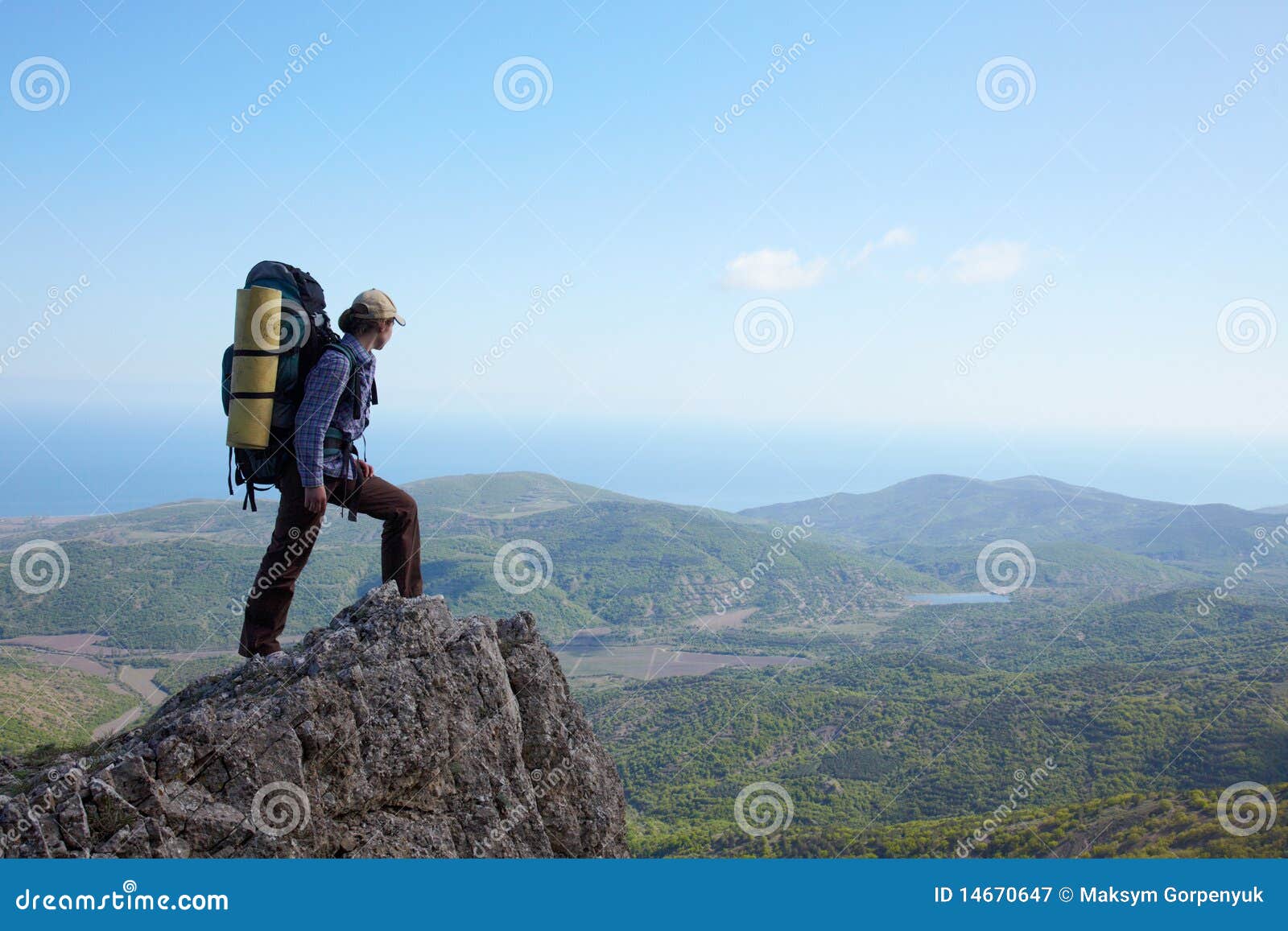Backpacker Girl Standing on a High Rock Stock Image - Image of ...