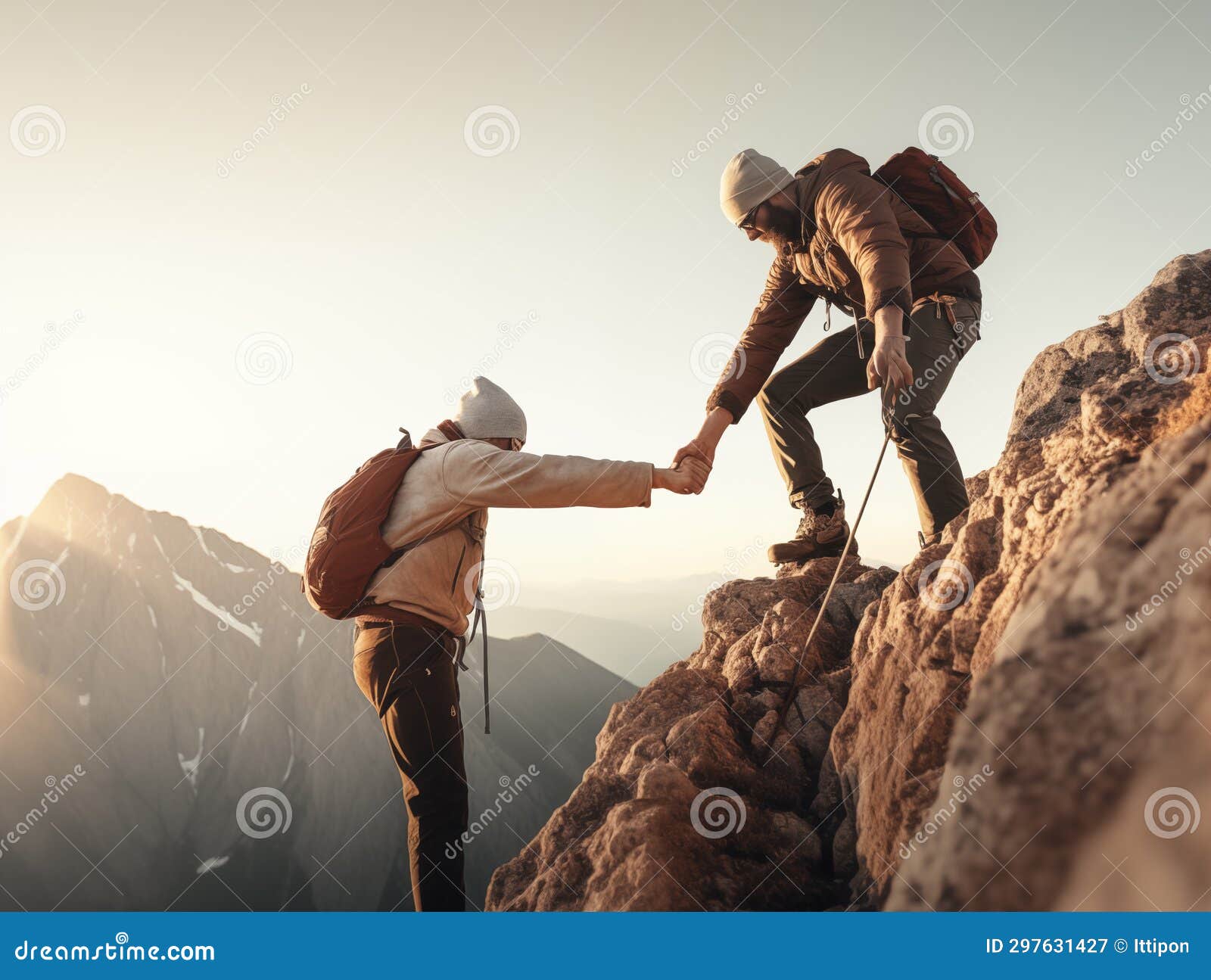 Backpacker Giving Helping Hand on Mountain at Sunset Background ...