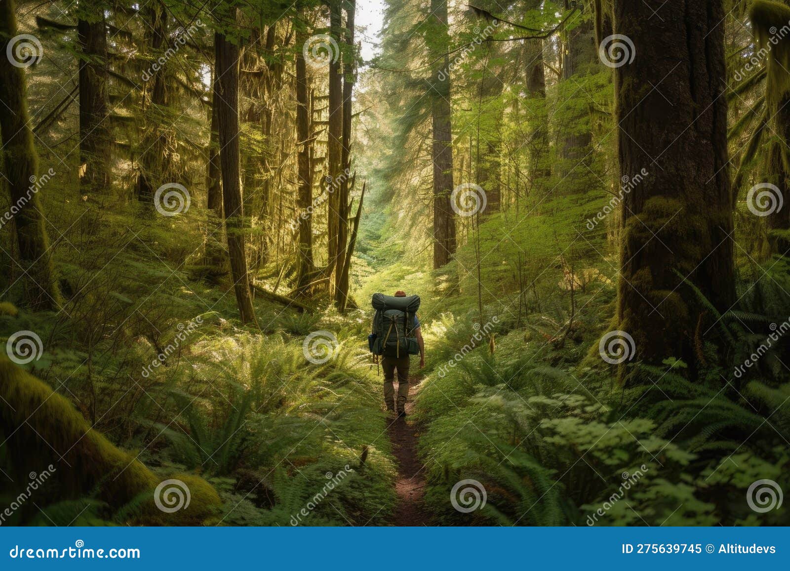 Backpacker Hiking through Dense Forest, Surrounded by Towering Trees ...