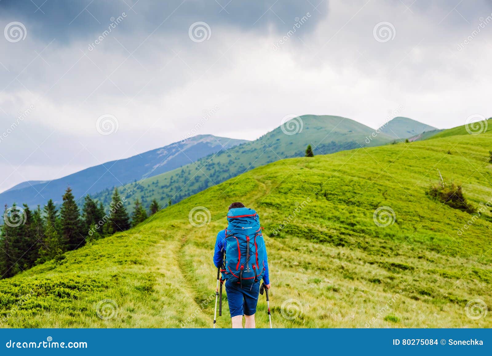Backpacker Hiking in Summer Mountains Stock Photo - Image of male ...