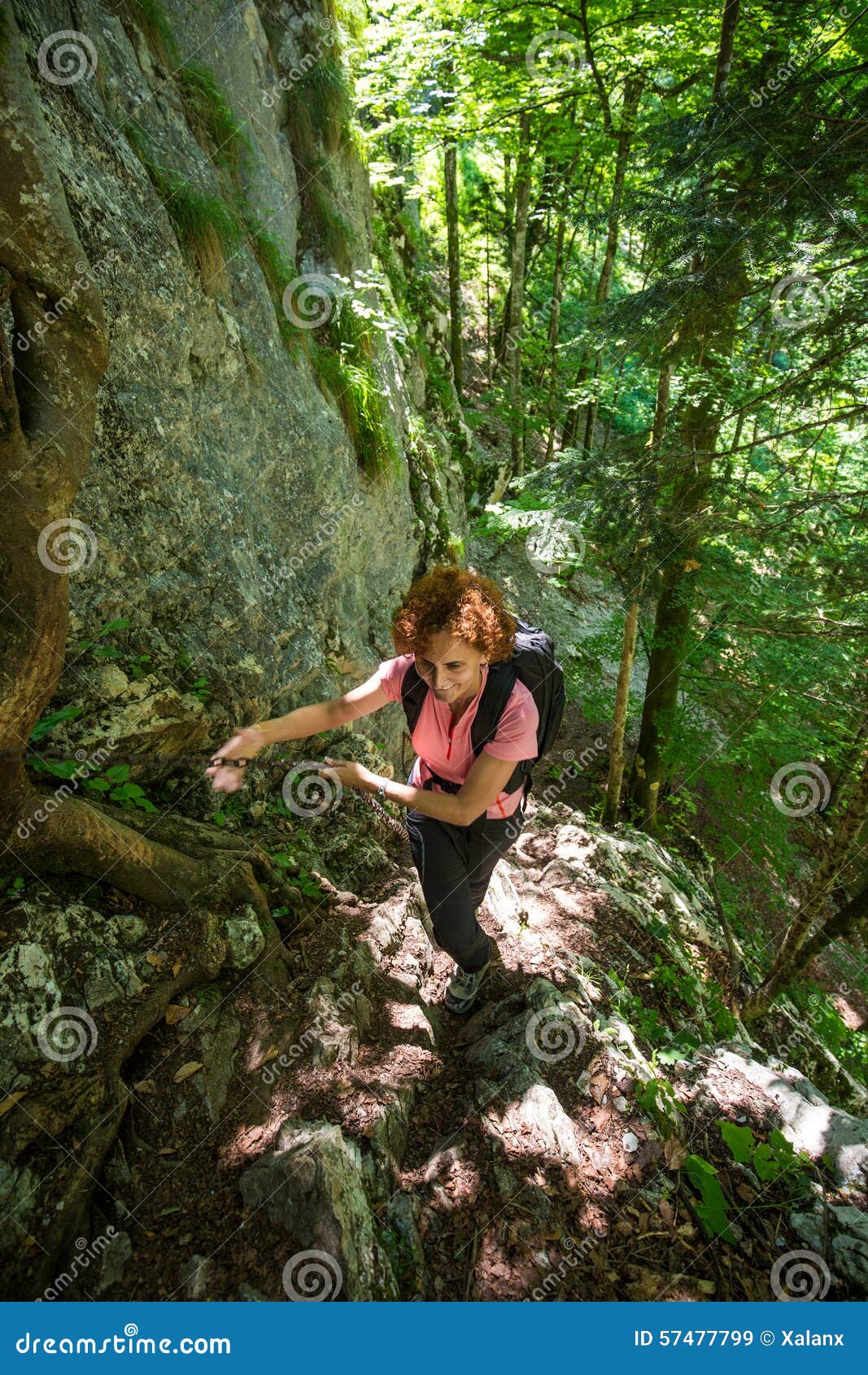 Backpacker Lady on Forest Trail Stock Image - Image of female, climb ...