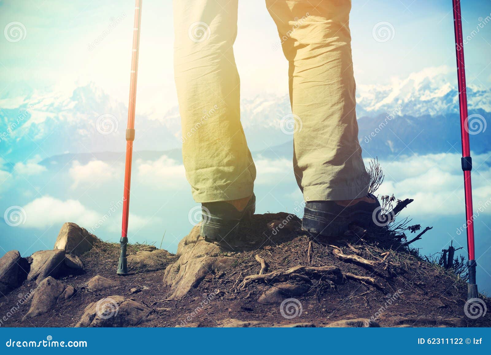 Backpacker Legs Hiking To Mountain Peak Stock Photo - Image of effect ...