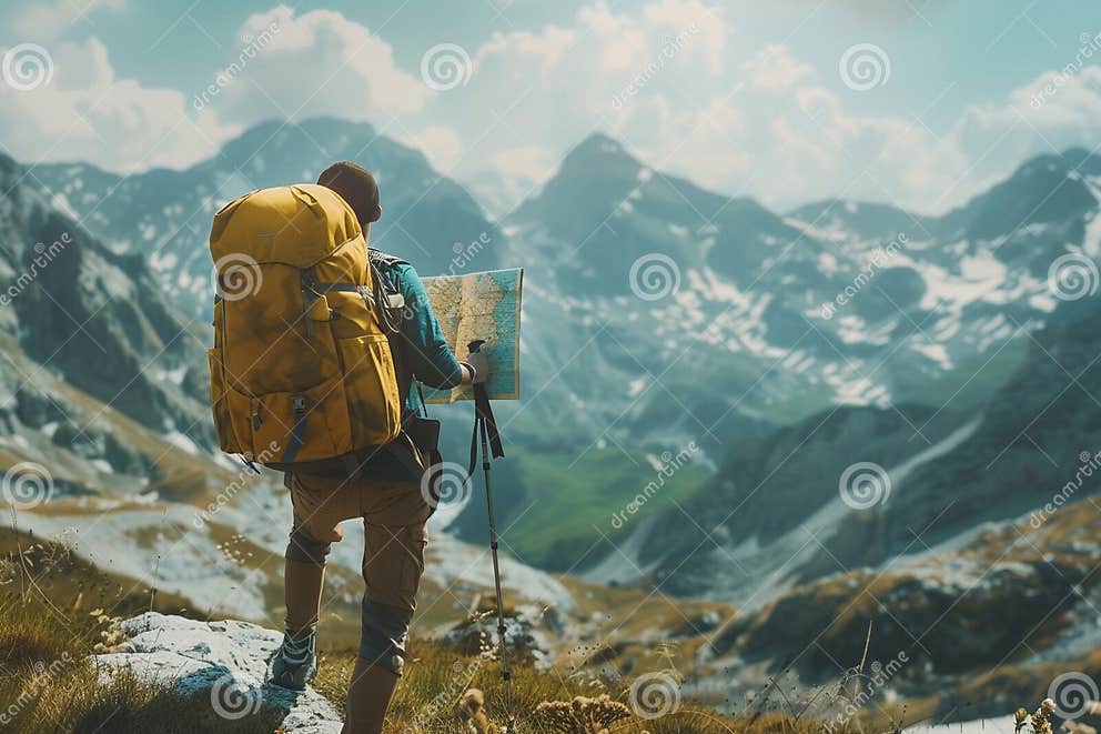 Backpacker Looking at a Map in the Mountains Stock Illustration ...