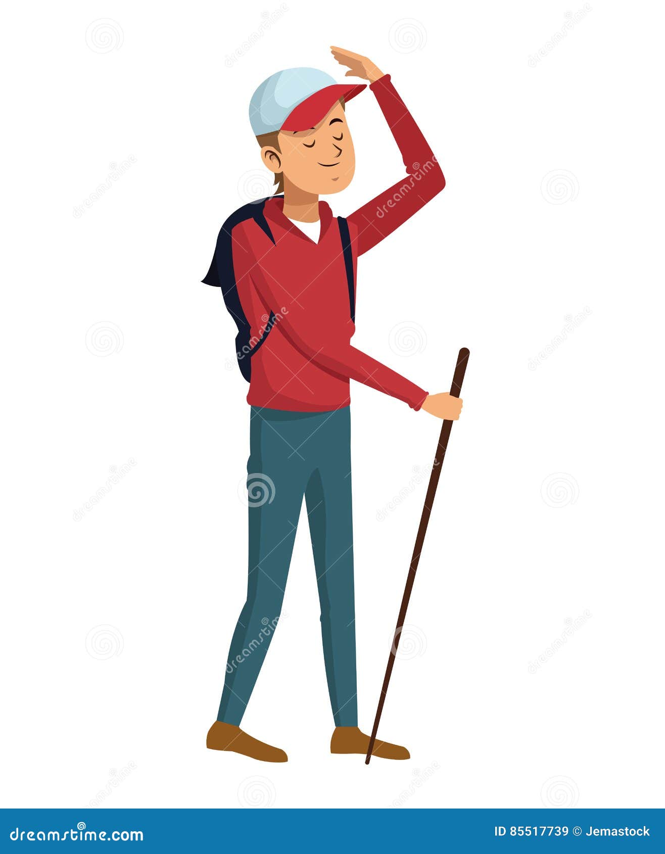 Backpacker Man Cap Walking Stick Stock Vector - Illustration of ...