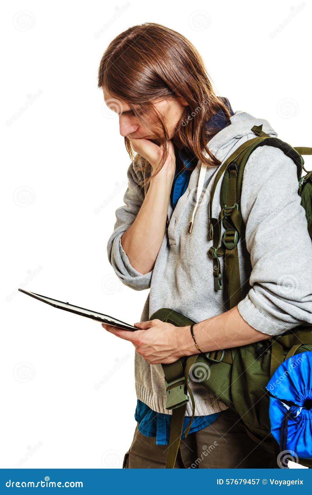 Backpacker Man Using Pc Tablet Browsing Internet. Stock Image - Image ...