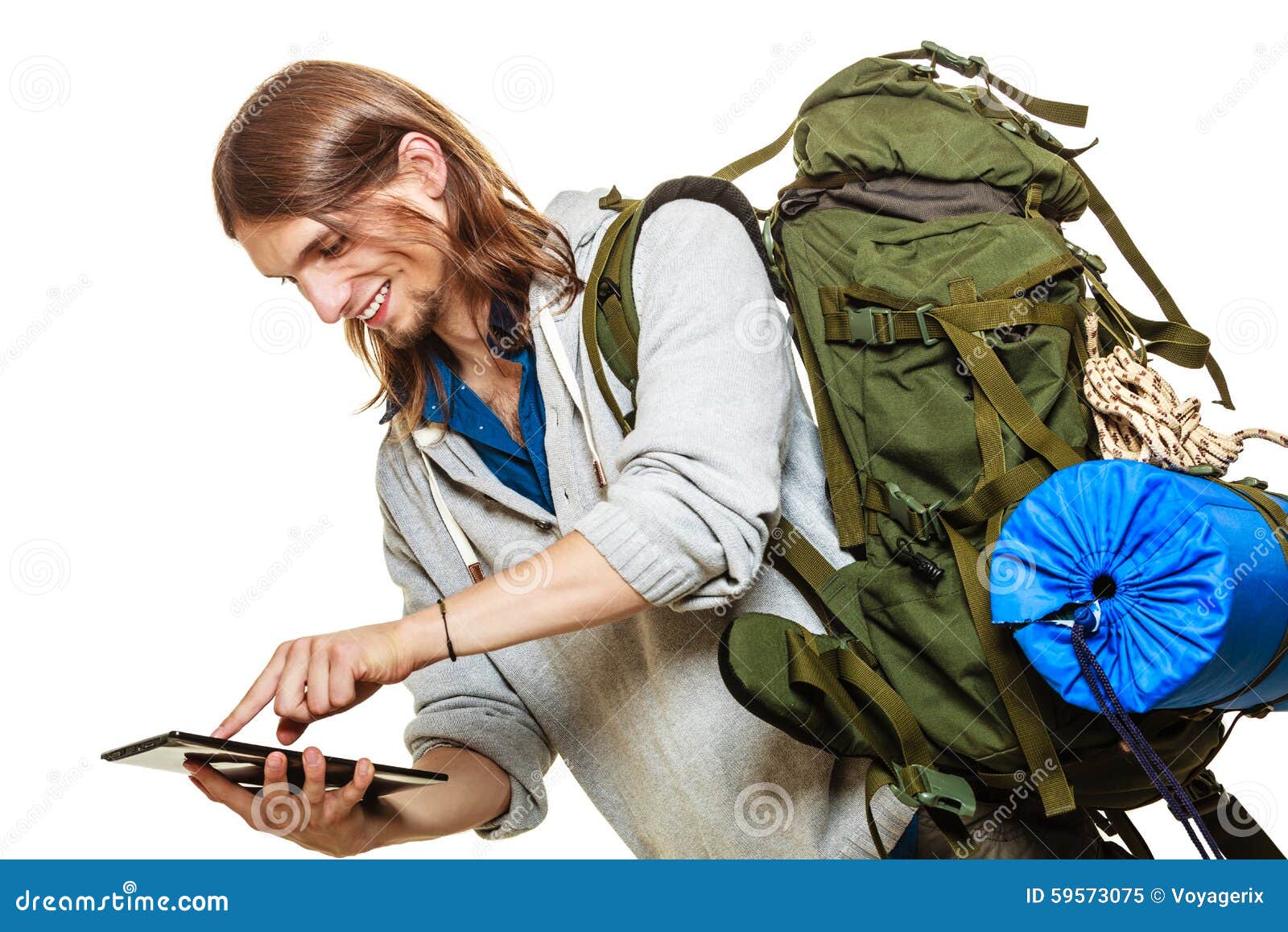 Backpacker Man Using Pc Tablet Browsing Internet. Stock Image - Image ...