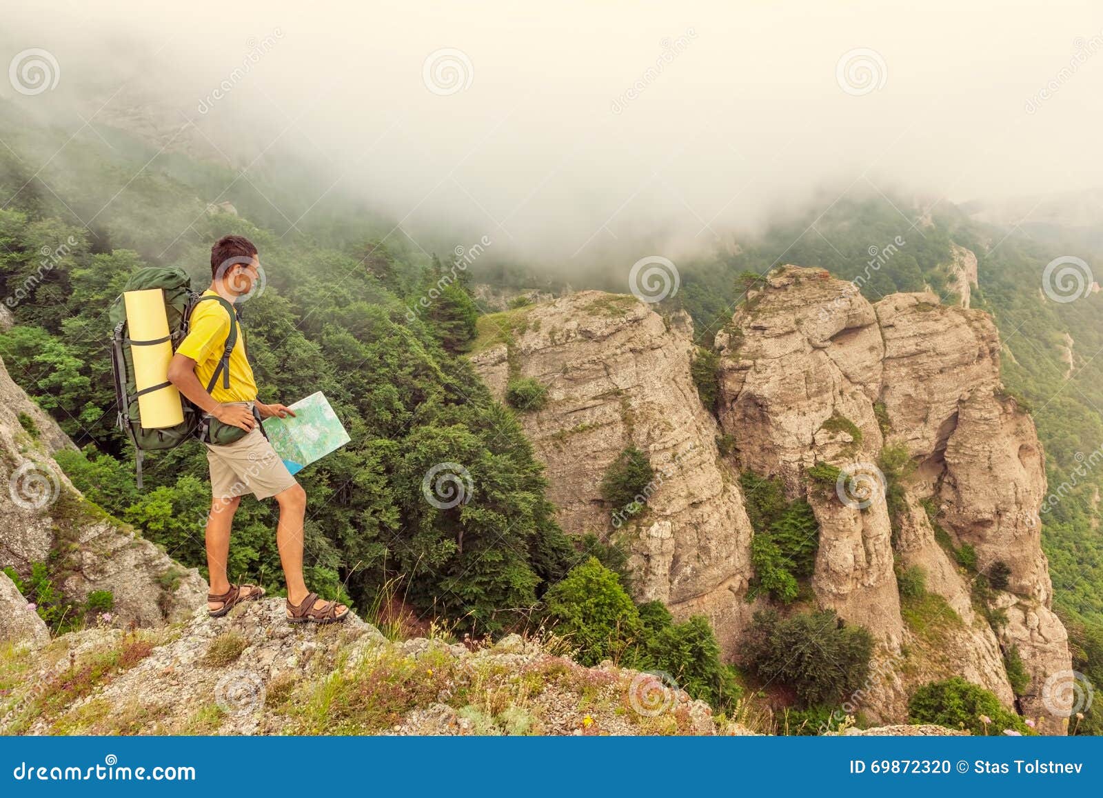 Backpacker with a Map on the Mountains Stock Photo - Image of journey ...