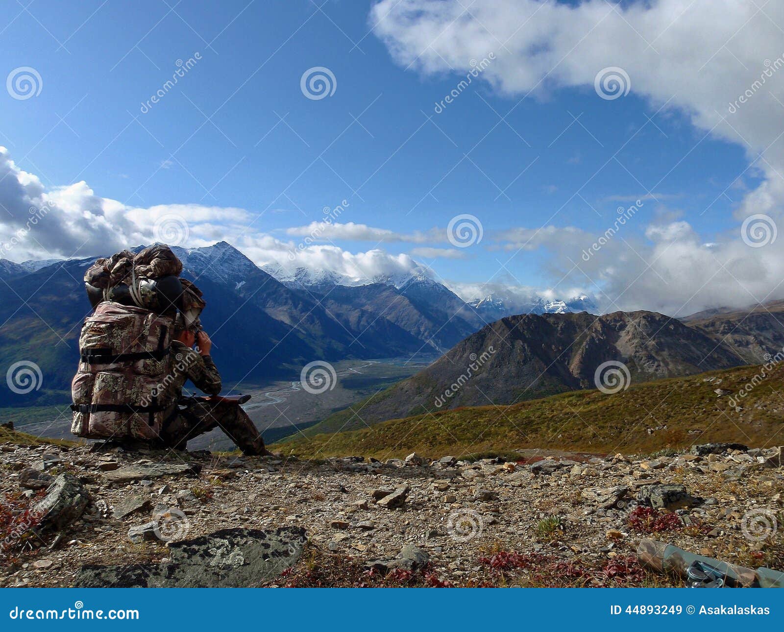 Backpacker Overlooking Alaskan Valley Stock Image - Image of side, rest ...