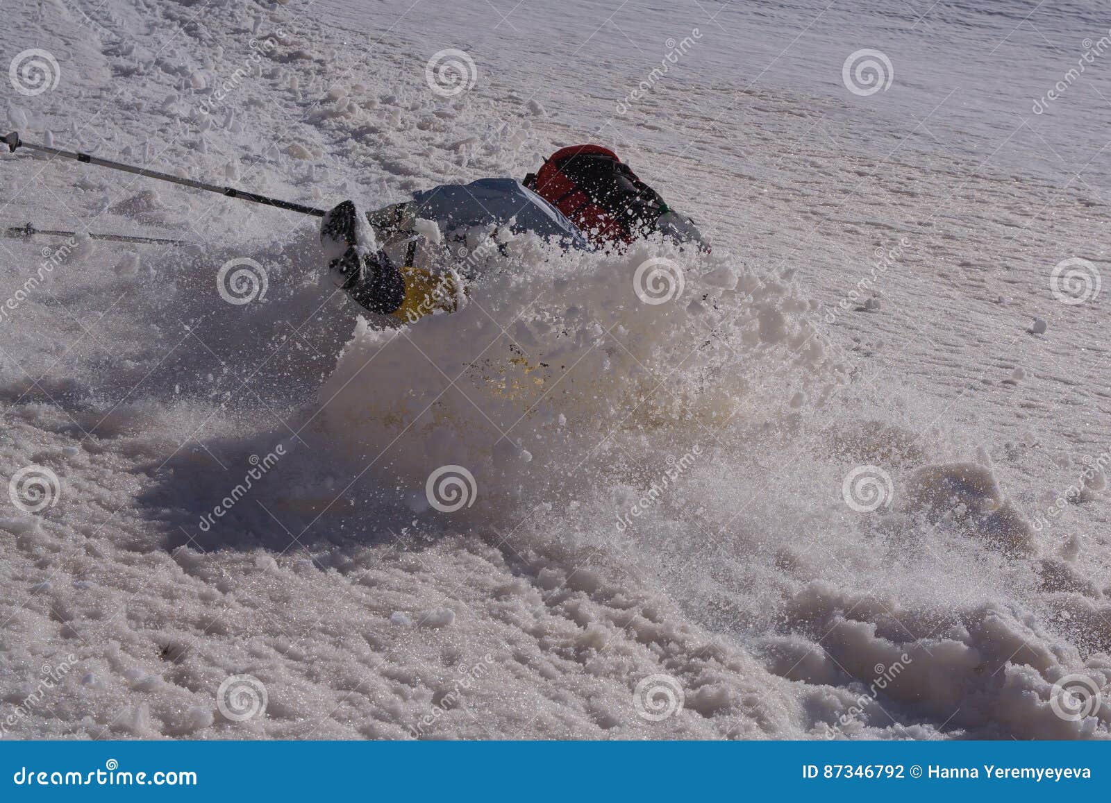 Backpacker Slipping on Wet Snow and Falling Down a Slope Stock Photo ...