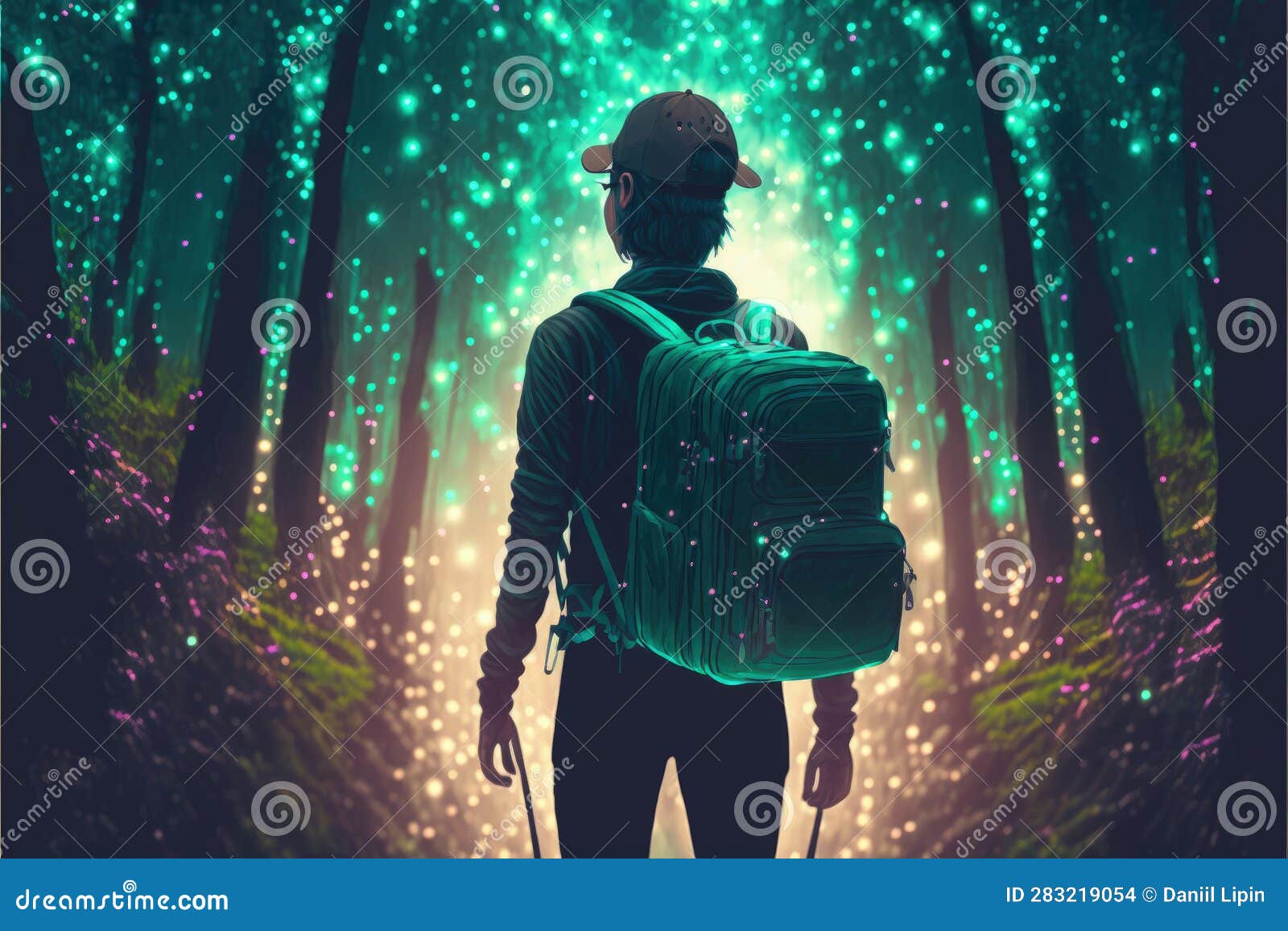 Backpacker Standing Atop Colossal Tree Teeming with Twinkling Fireflies ...