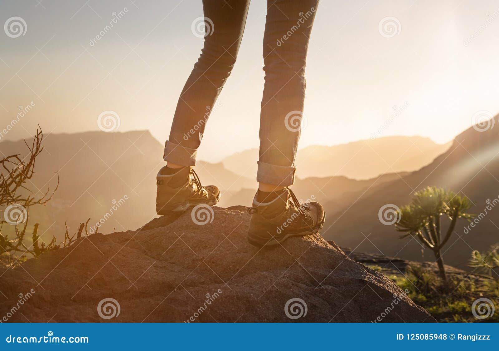 Backpacker on Top of the Mountain at the Sunset Stock Photo - Image of ...