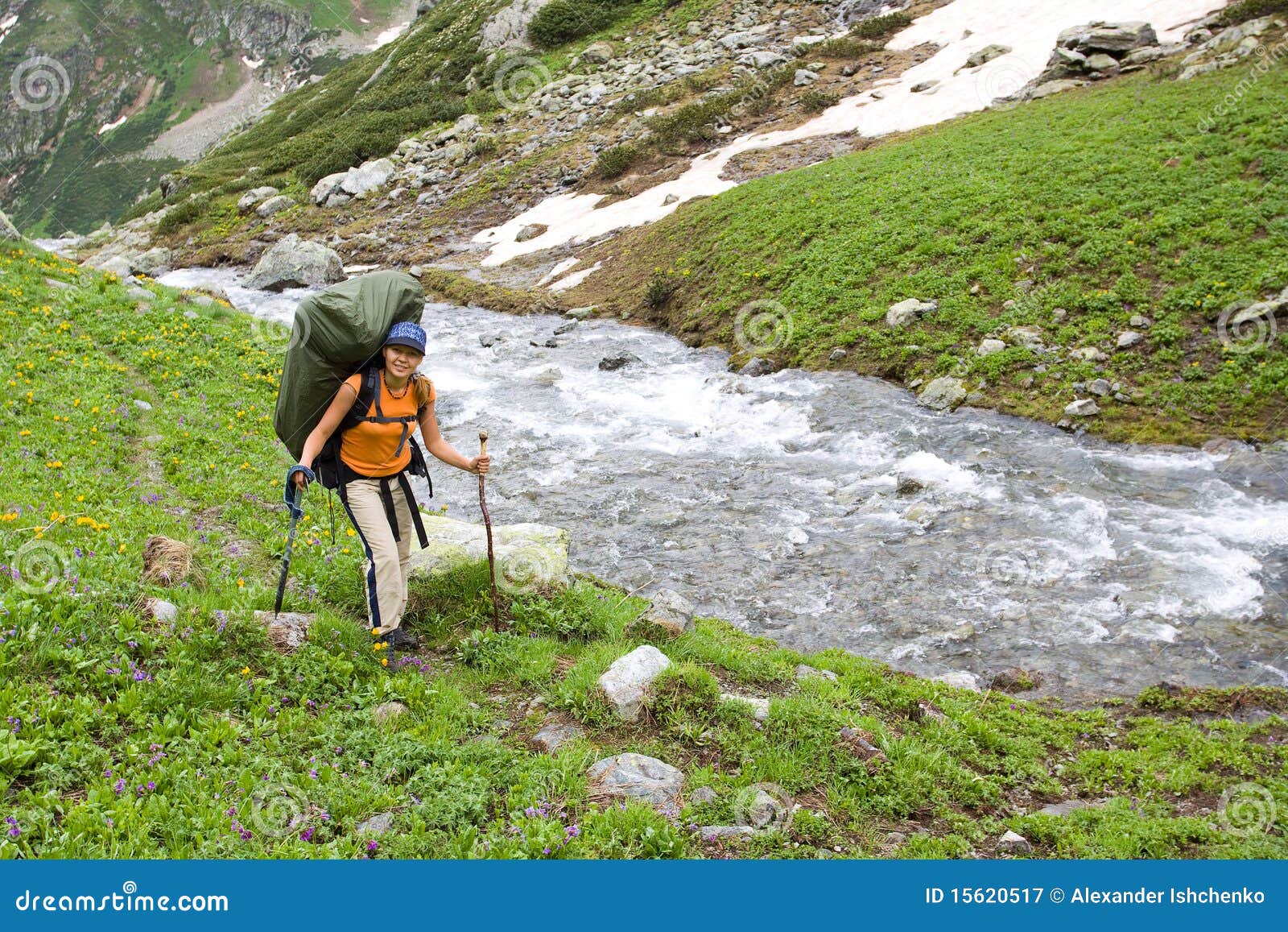 Backpacker Tourist in the Mountains. Stock Image - Image of green ...