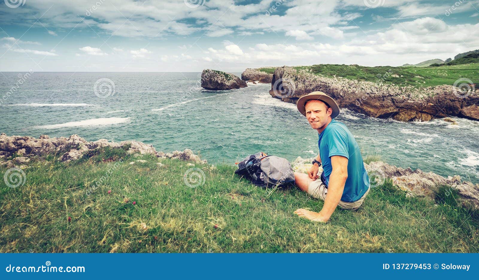 Backpacker Traveler Rest on the Sea Side Stock Image - Image of ...