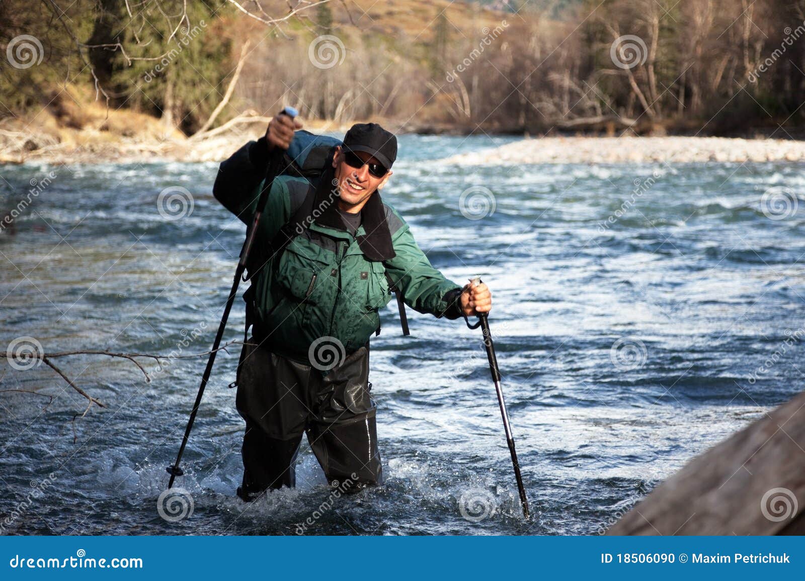 Backpacker Wade Rugged River Stock Photo - Image of adult, narrows ...