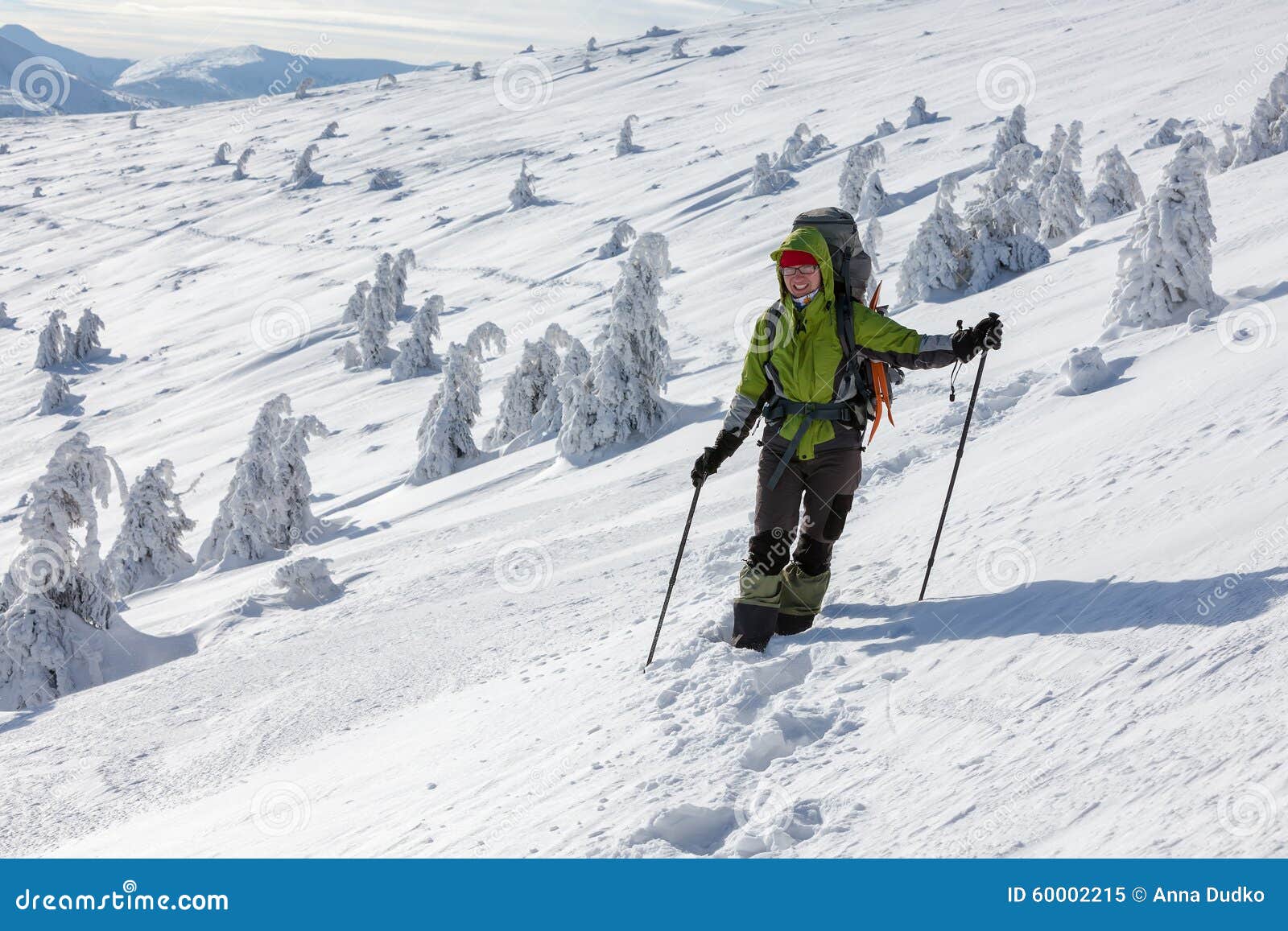 Backpacker Woman Posing in Winter Mountains Stock Image - Image of ...