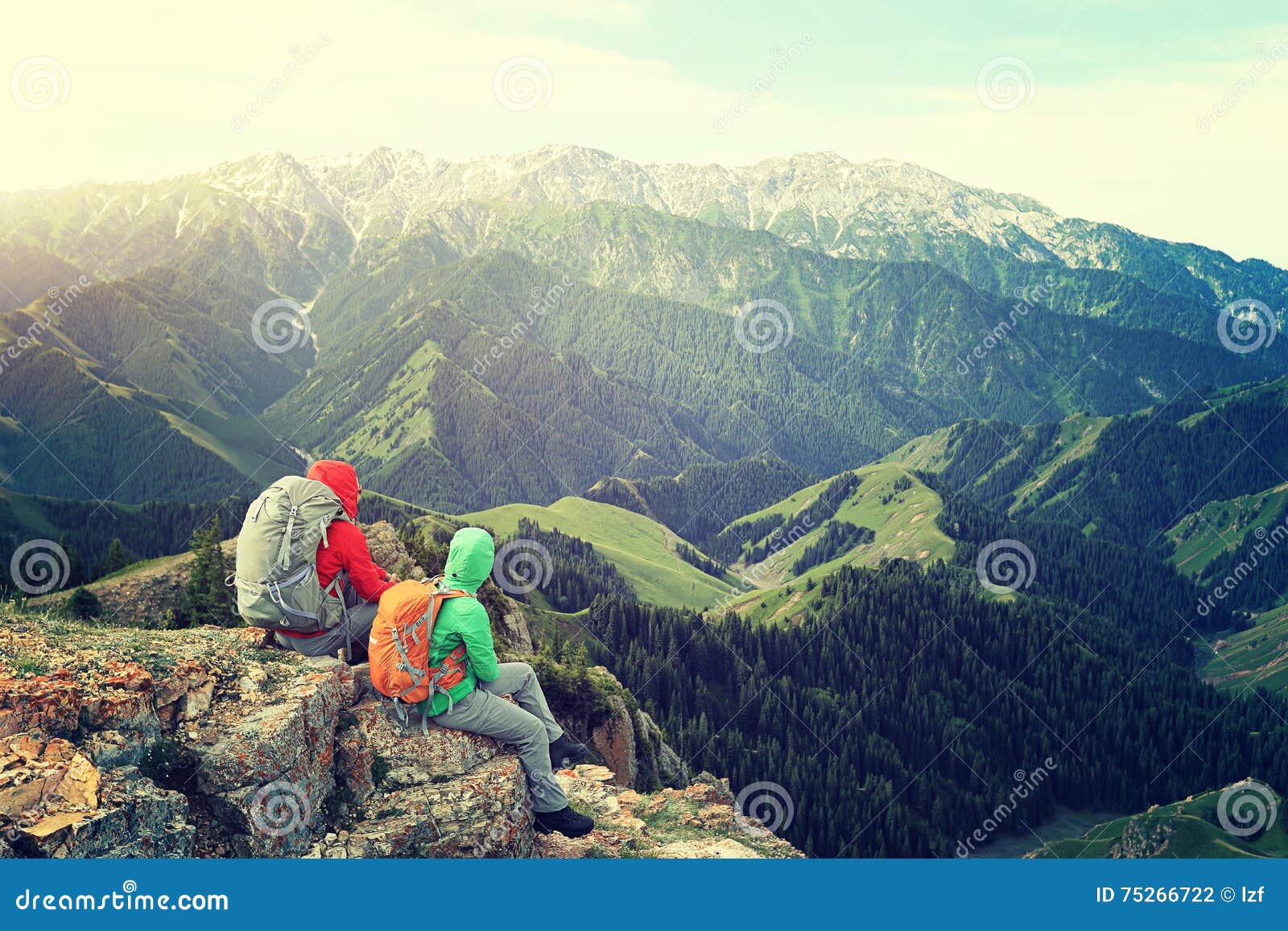 Backpackers Hiking on Mountain Peak Stock Photo - Image of peak ...