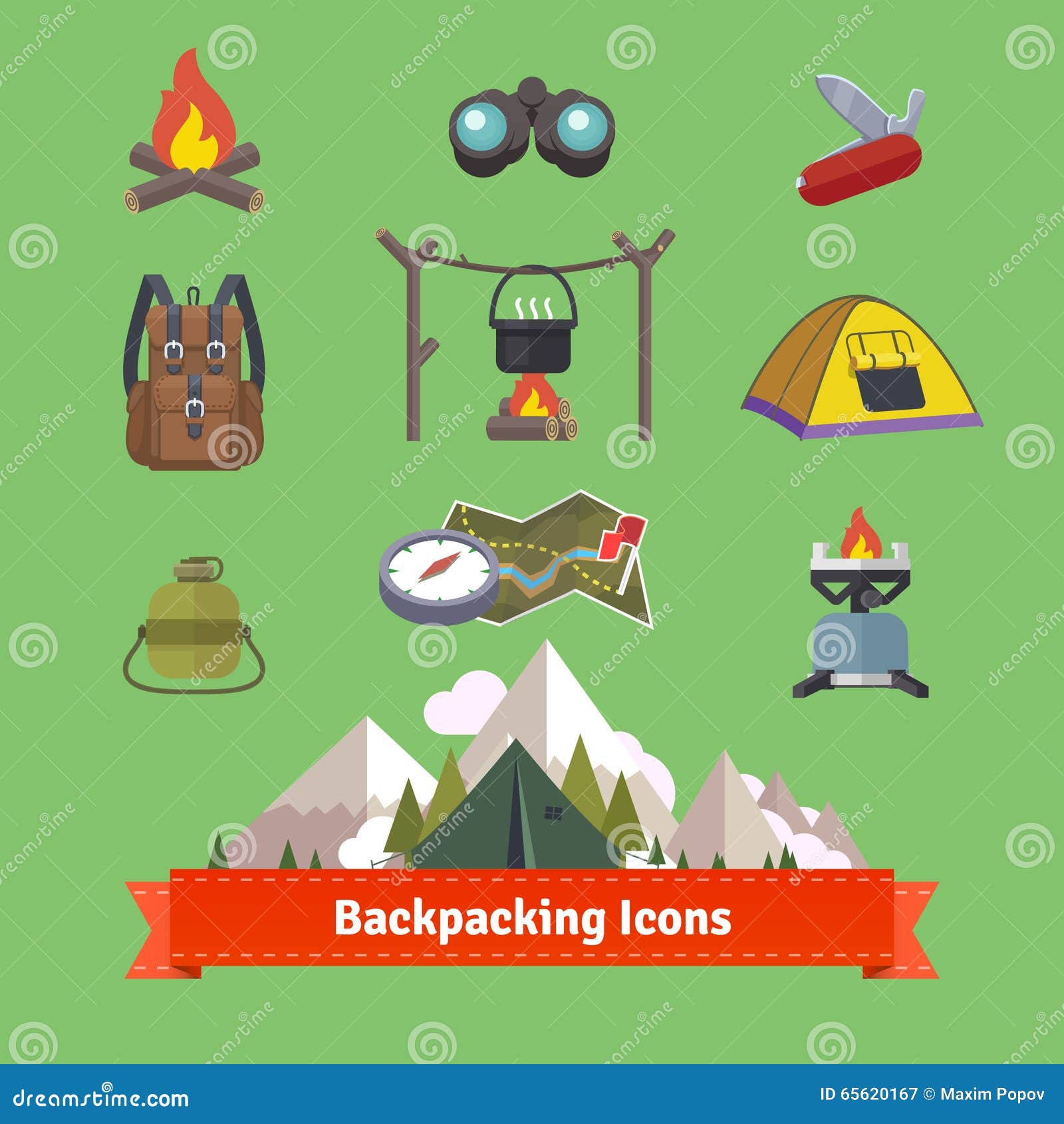 Backpacking and Hiking Flat Icon Set Stock Vector - Illustration of mountains, concept: 65620167